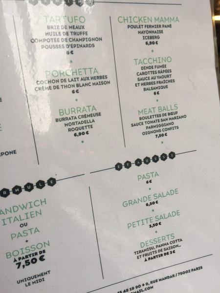 Menu at Panino Rossi restaurant, Paris, 12 Rue Notre Dame des Champs