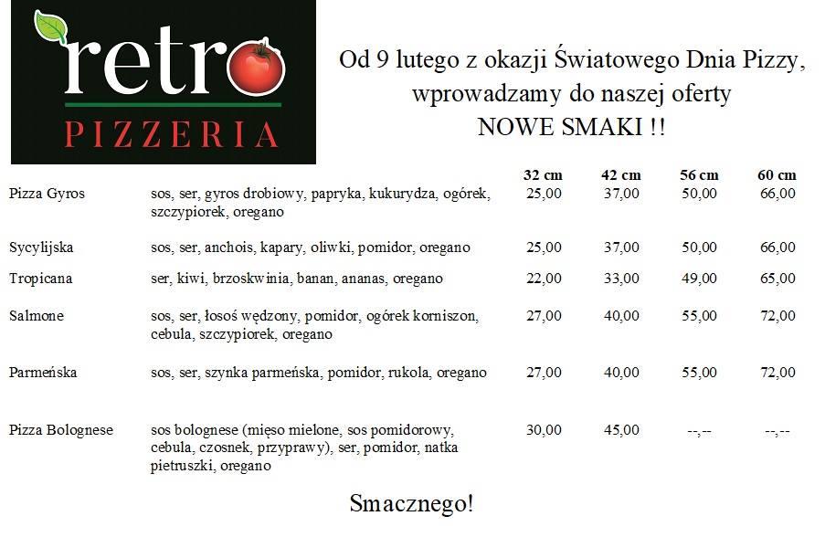 Menu at Pizzeria Retro, Kolobrzeg