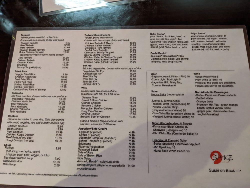 Menu at Sake Sushi + Grill restaurant, Tacoma, N 26th St