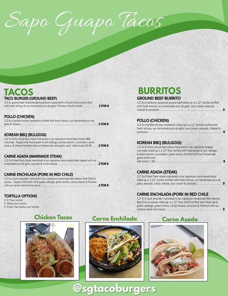 Menu at Sapo Guapo Tacos, Colorado Springs