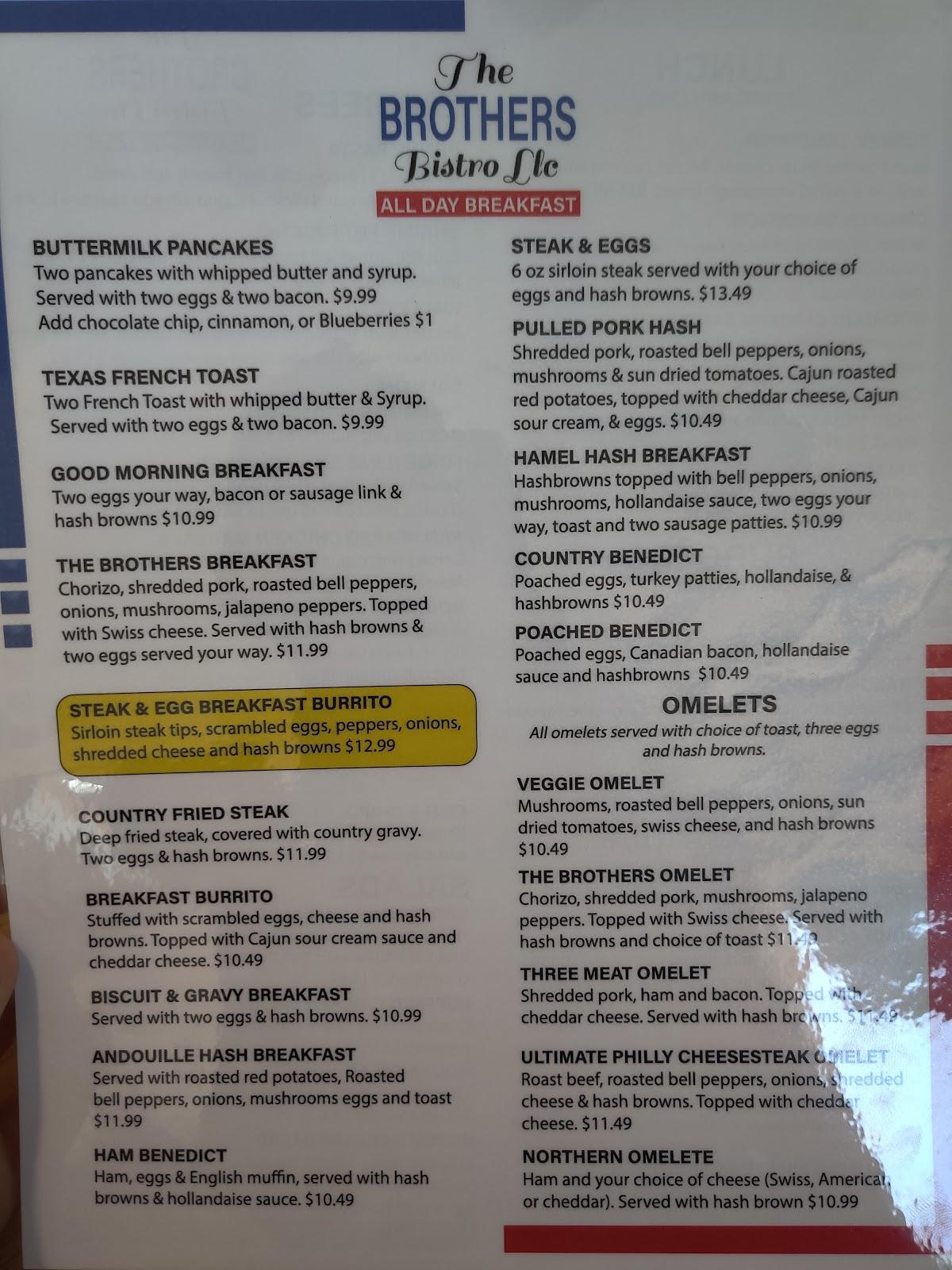 Menu at The Brothers Bistro restaurant, North Saint Paul