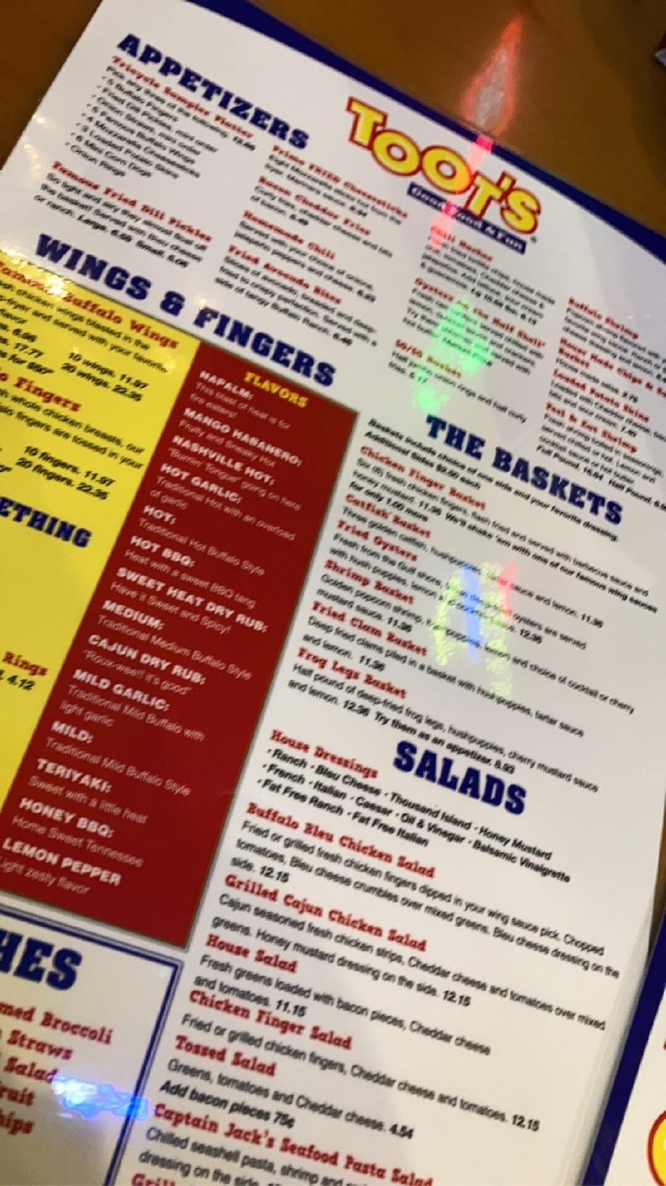 Menu at Toot's Smyrna restaurant, Smyrna, 301 Sam Ridley Pkwy W