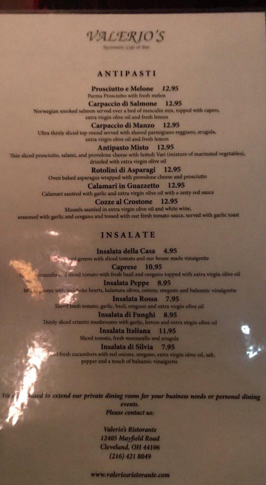 Menu at Valerio’s pub & bar, Cleveland