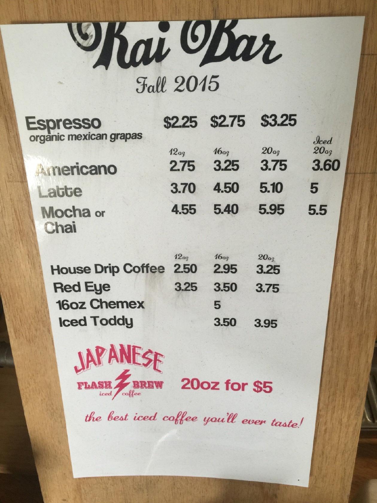 Menu at kai bar, Kapaa