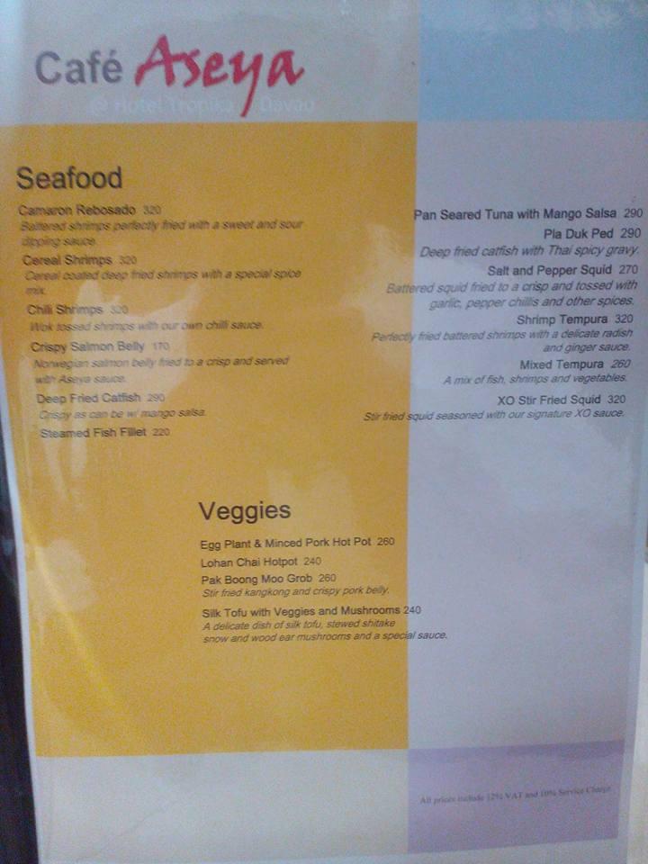 Menu at Aseya cafe, Davao City