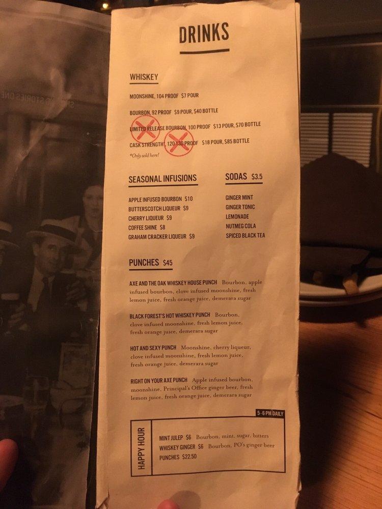 Menu at Axe and the Oak Whiskey House pub & bar, Colorado Springs