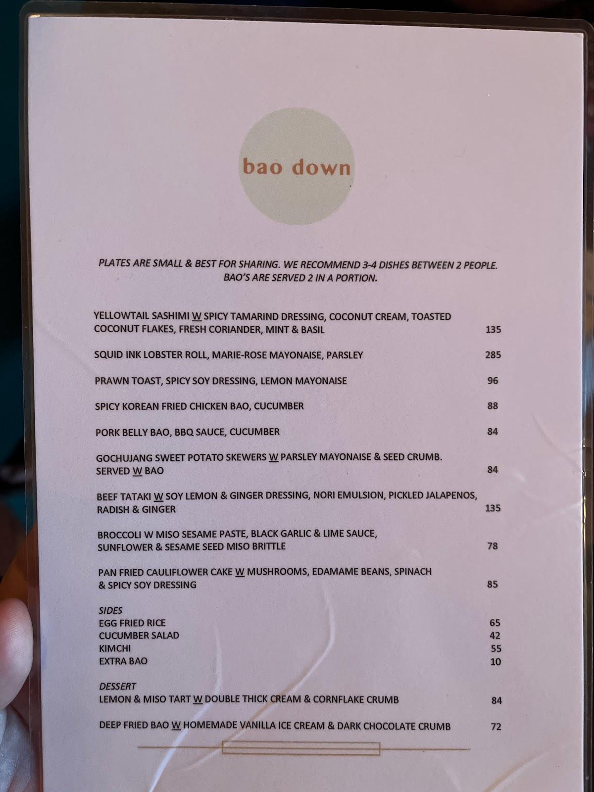 Menu at Bao Down restaurant, Cape Town, First Floor