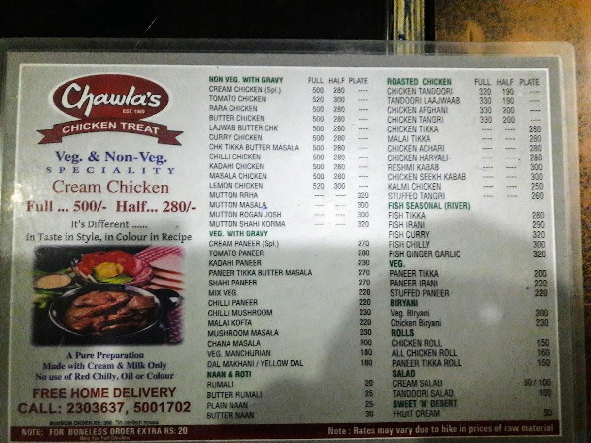 Menu at Chawla's Chicken Treat, Patiala, SCO No. 1