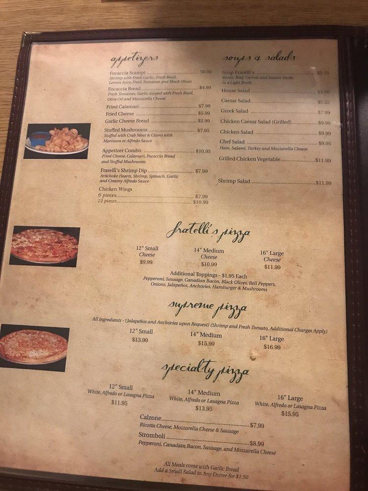Menu at Fratelli's Italian Grille pizzeria, Slidell