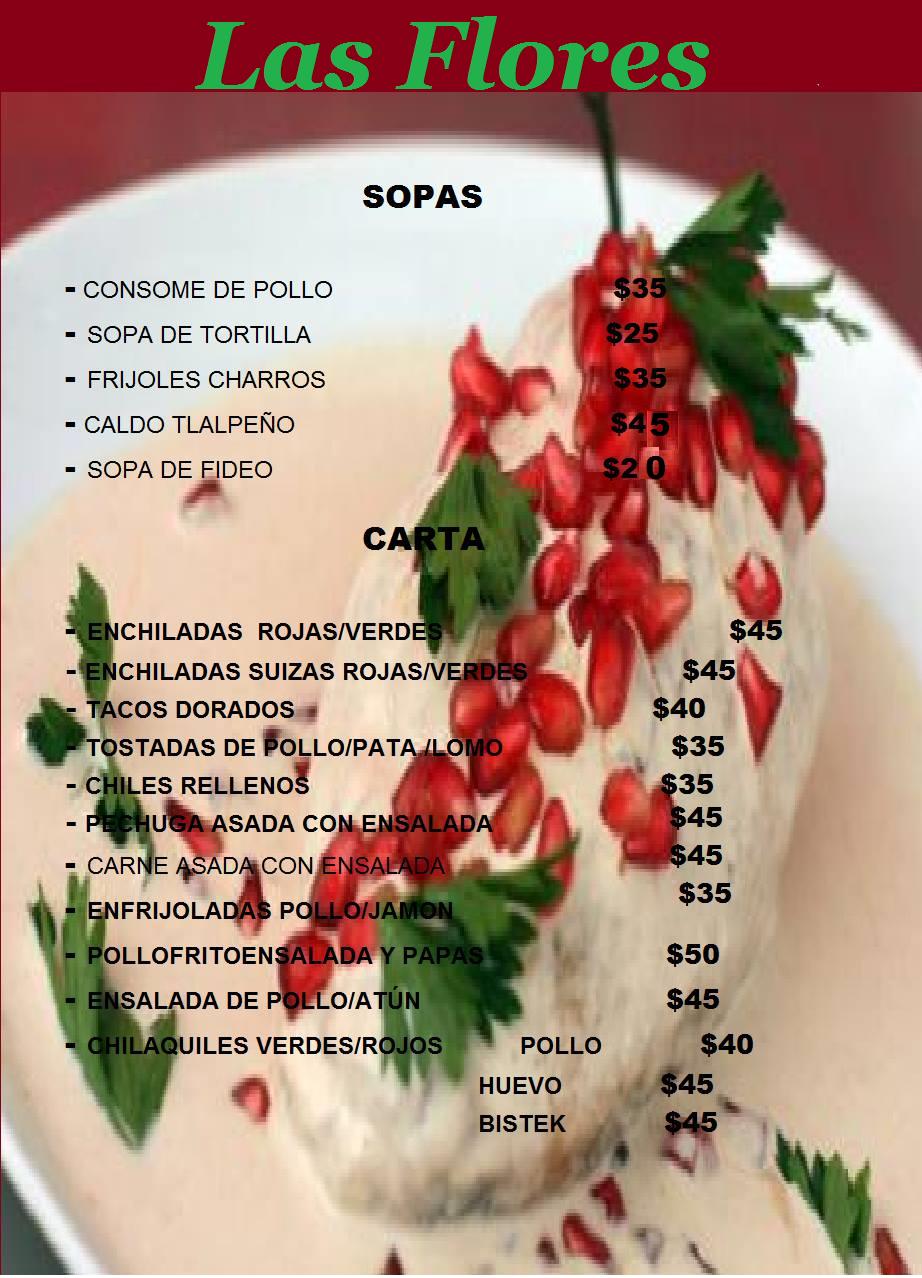 Menu at Las Flores restaurant, Mexico City, Santa Cruz # 139 Local D ...