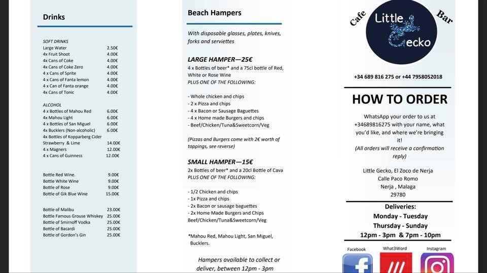 Menu at Little Gecko cafe, Nerja