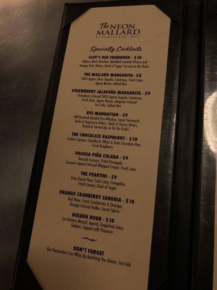 Menu at Neon Mallard pub & bar, Pagosa Springs