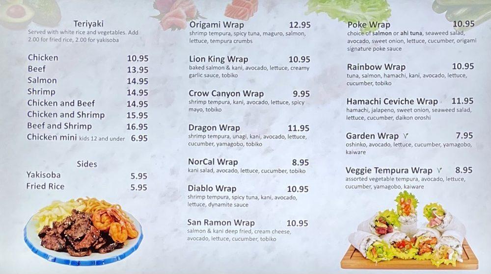 Menu at Origami restaurant, San Ramon