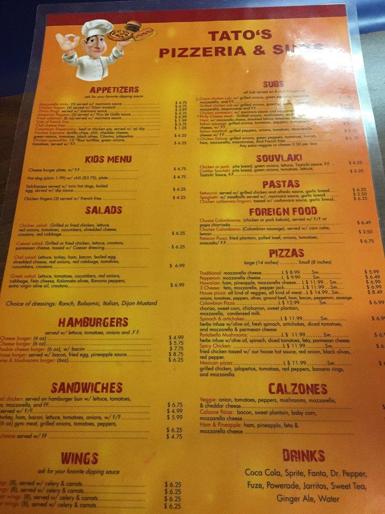 Carta de Tato's Pizzeria and Restaurant, Mauldin