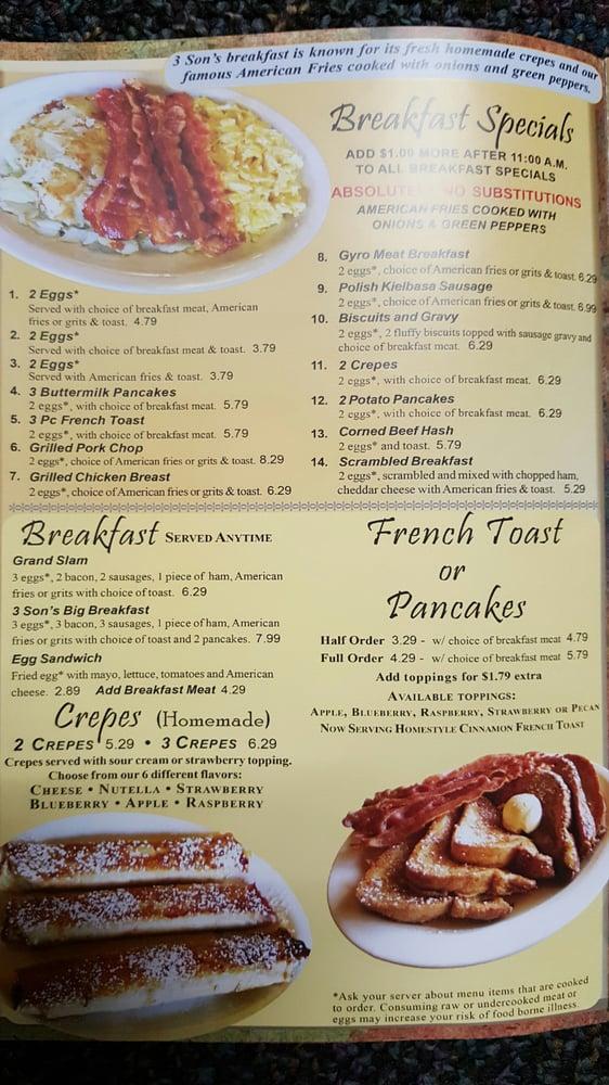 Menu at 3 sons diner restaurant, Warren, Van Dyke Ave