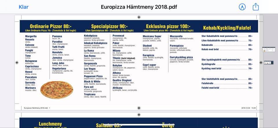 Menu at Europizza restaurant, Linköping