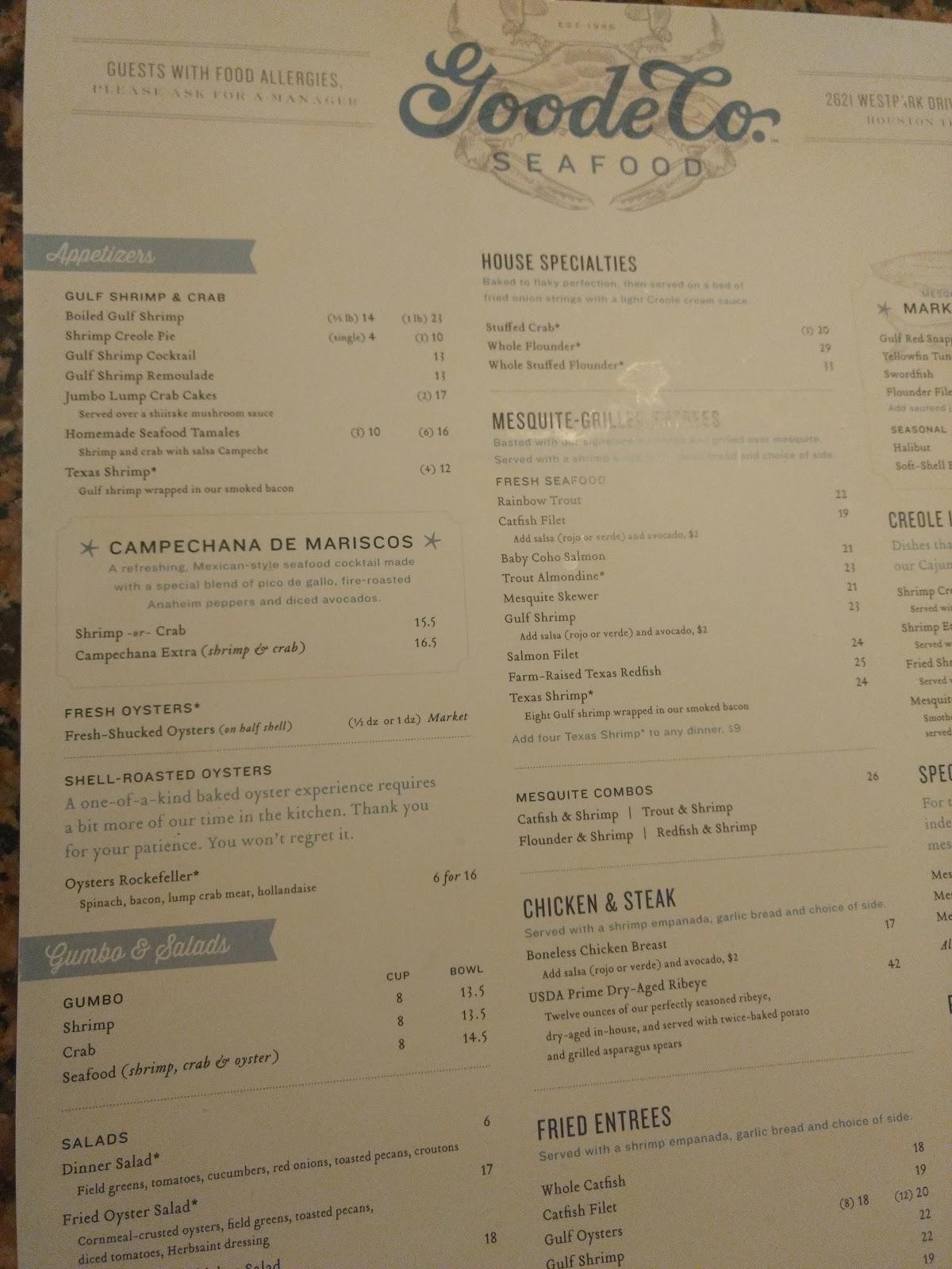 Menu at Goode Company Seafood steakhouse, Houston, Westpark Dr
