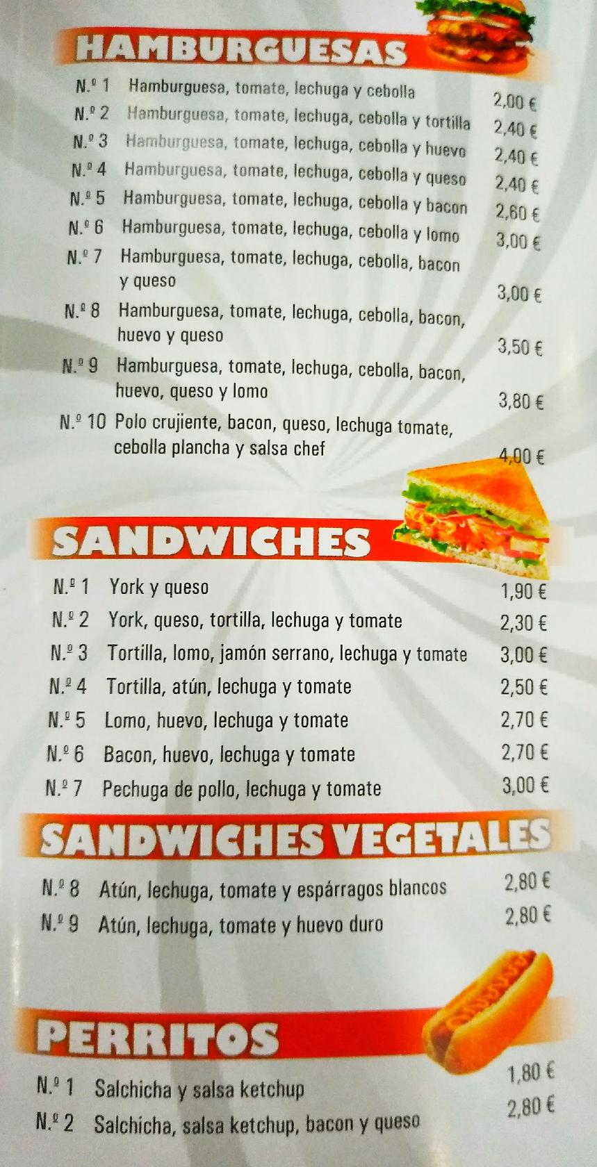 Carta del restaurante Hamburguesería Delfin, Úbeda