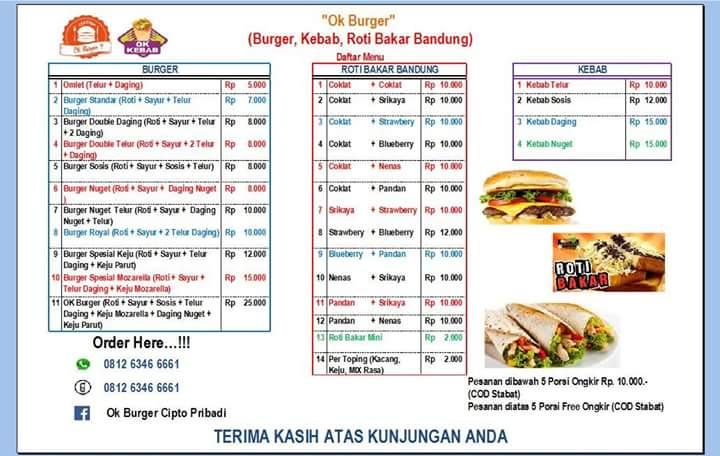 Menu at Ok Burger cafe, Stabat
