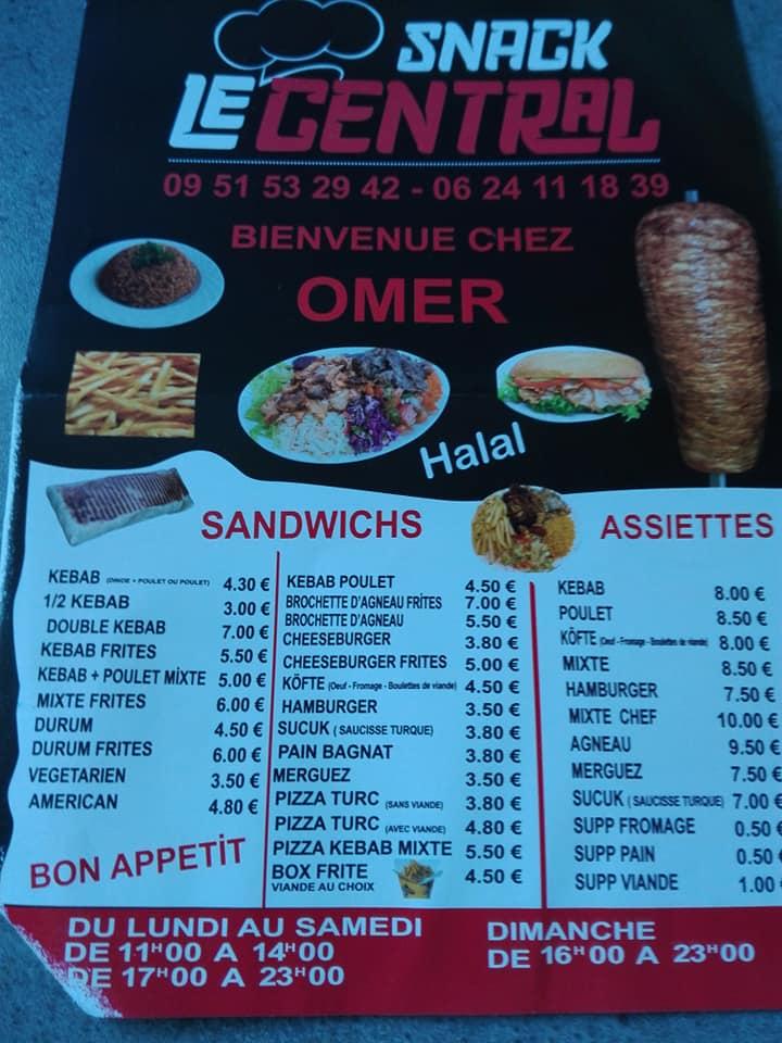 Menu at Le Central restaurant, Behren-lès-Forbach