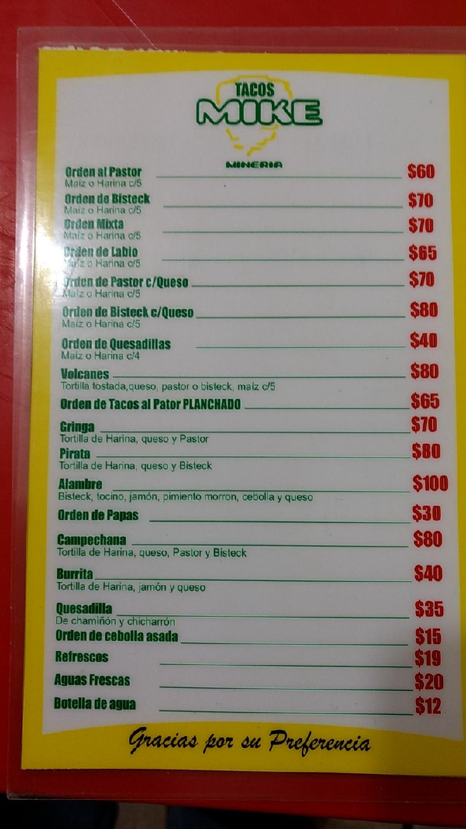 Menu at Tacos Mike restaurant, Saltillo, Blvrd Minería 663