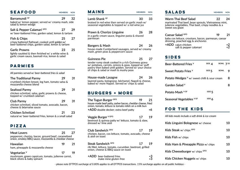 Menu at Tugun Tavern restaurant, Tugun