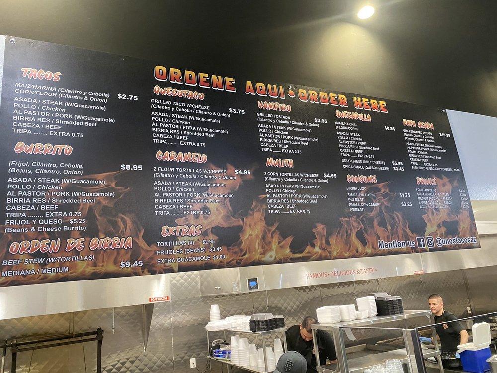 Menu at UNOS TACOS Y BIRRIA restaurant, Mesa