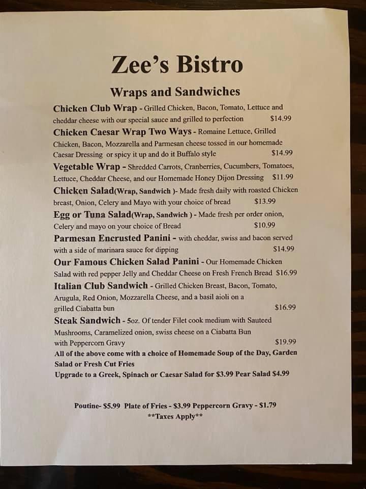 Menu at Zee's Bistro restaurant, Chatham-Kent