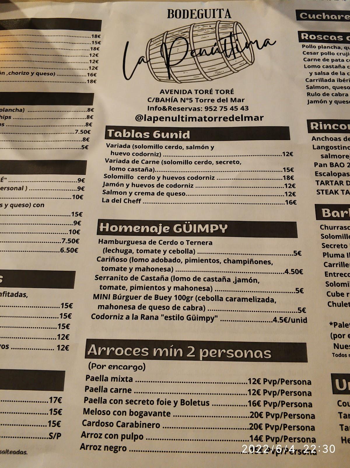 Carta del restaurante BODEGUITA LA PENÚLTIMA, Torre del Mar