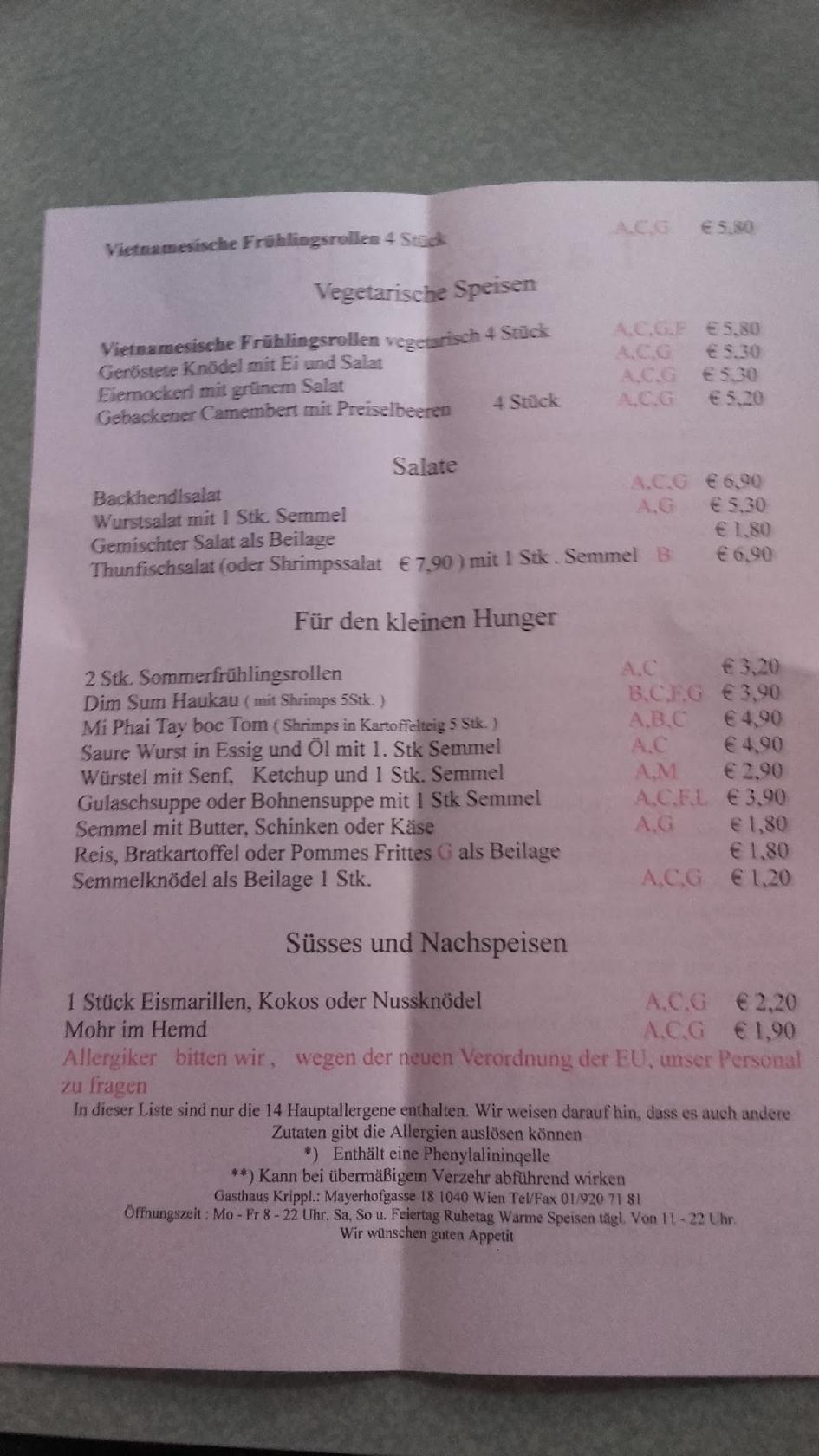Menu at Gasthaus Krippl restaurant, Vienna