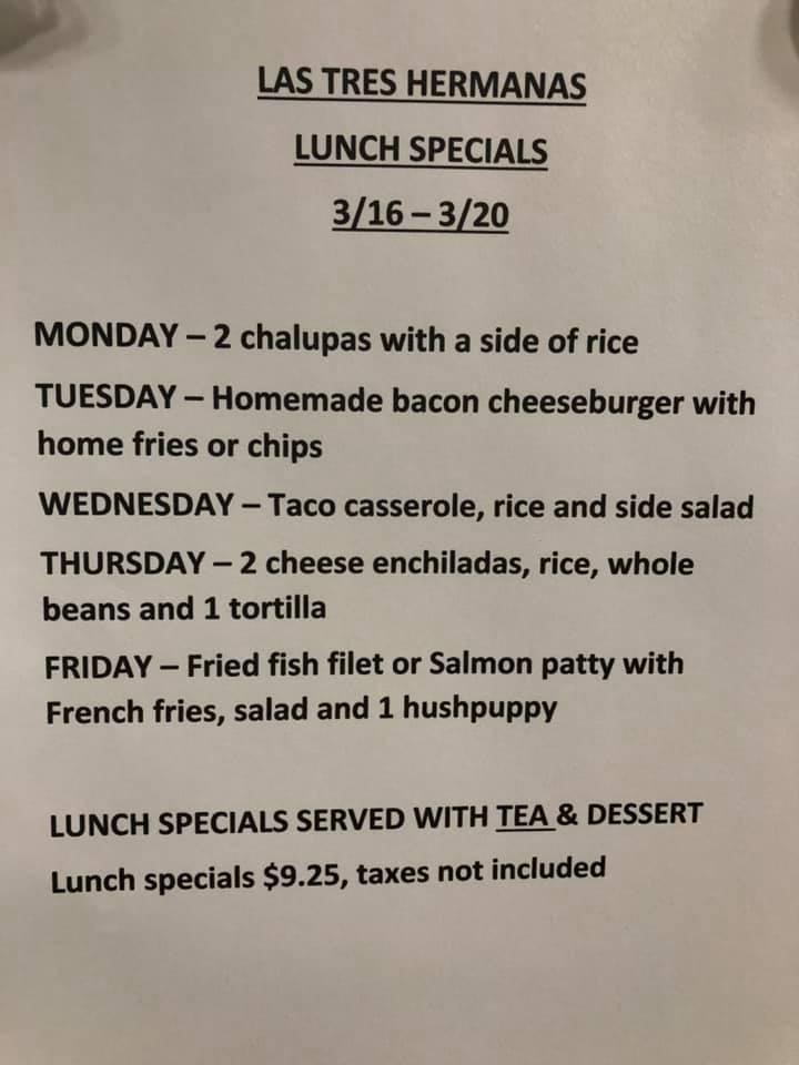 Menu at Tres Hermanas restaurant, George West, Hwy 281 (physical
