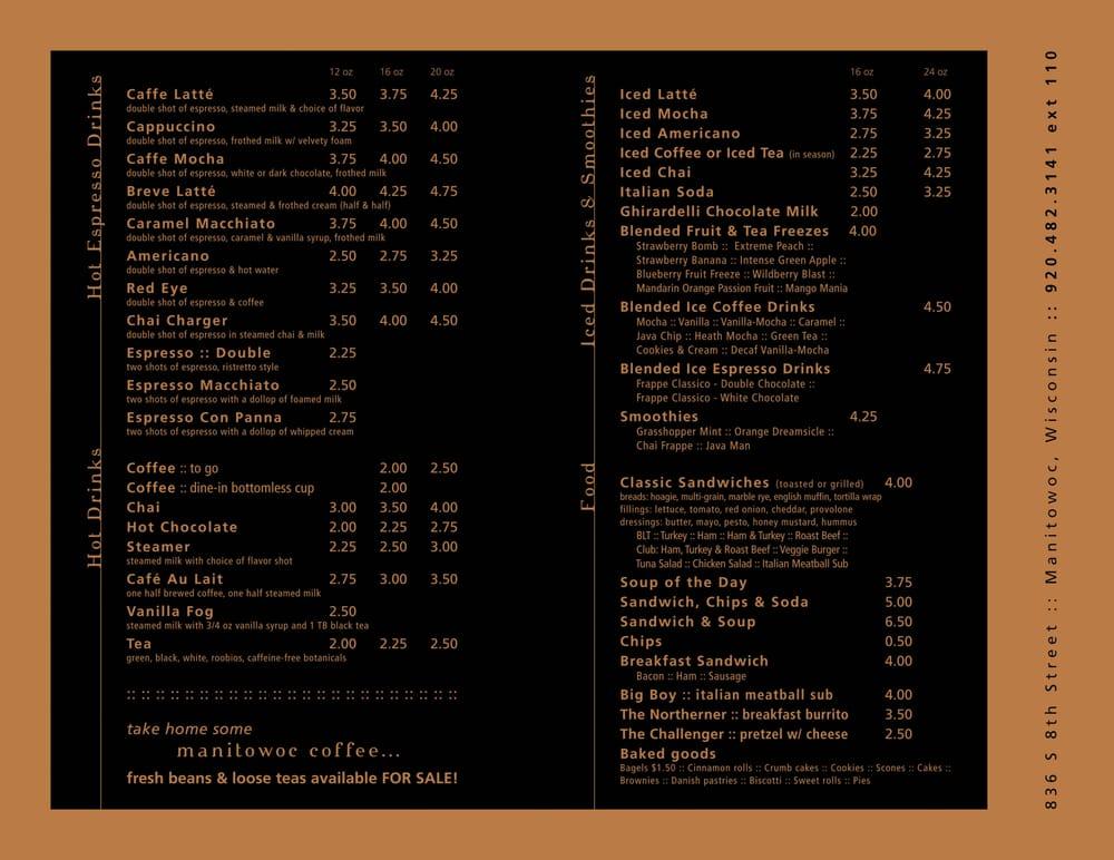 Menu at Manitowoc Coffee cafe, Manitowoc