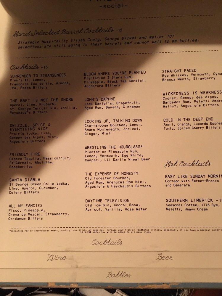 Menu at Pinewood club, Nashville
