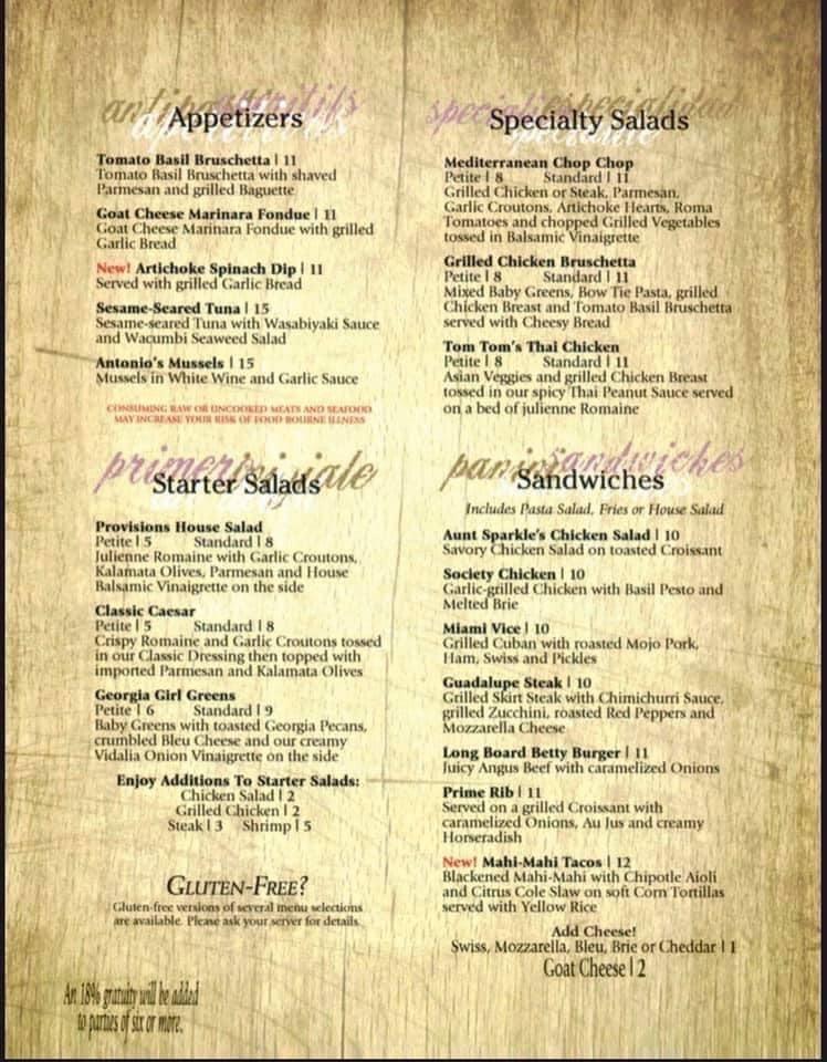Menu at Provisions Restaurant & Catering, Port Saint Joe