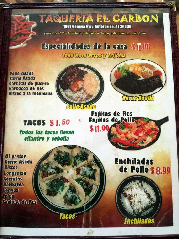 Menu at Taqueria El Carbon restaurant, Enterprise