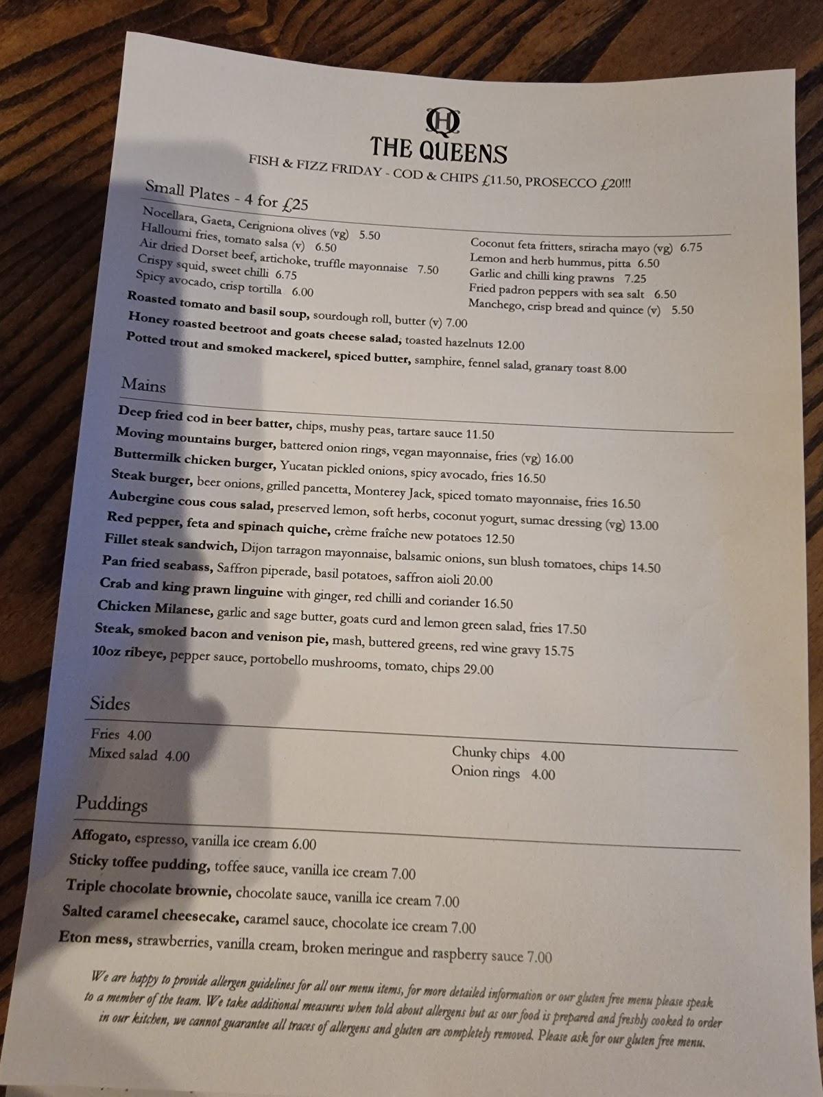 Menu at The Queens pub & bar, London, 26 Broadway Parade