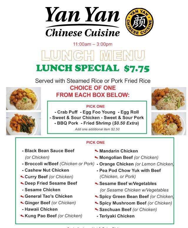Menu at Yan Yan Chinese Cuisine restaurant, Salem
