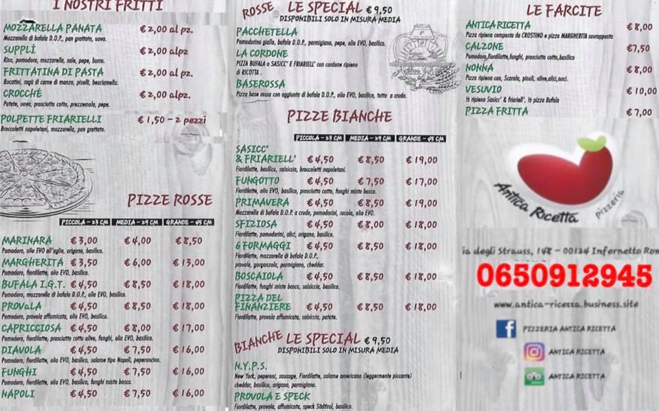 Menu au Antica Ricetta restaurant, Rome