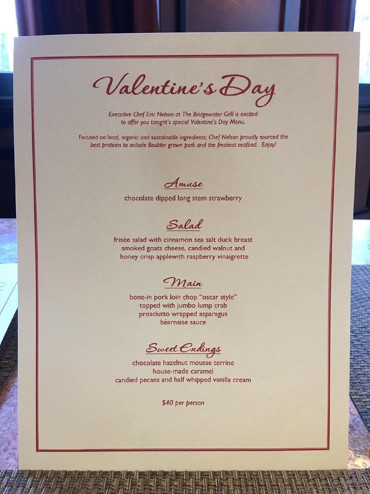 Menu at Bridgewater Grill restaurant, Golden