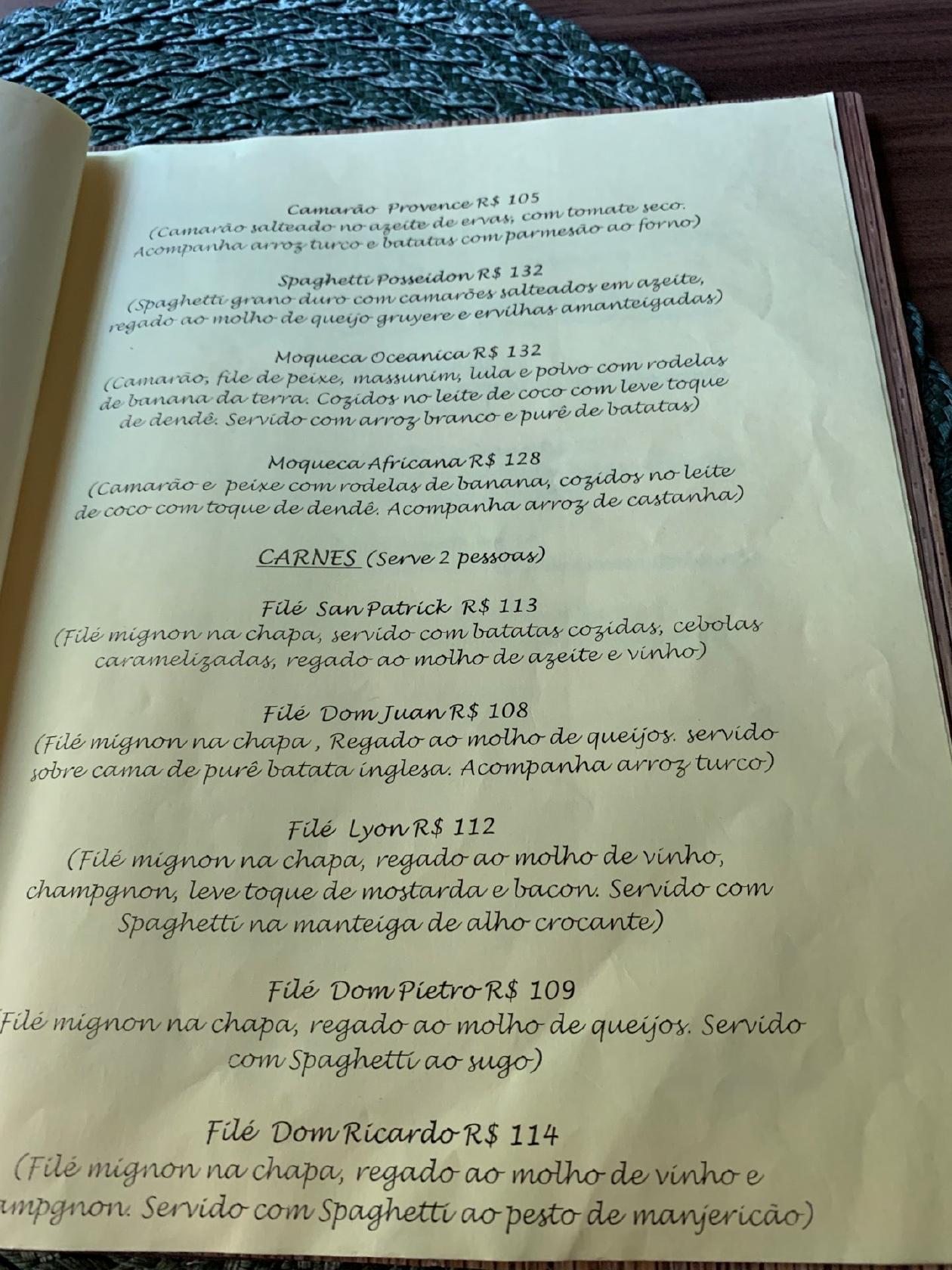Menu at Del Mare Restobar, Maceió