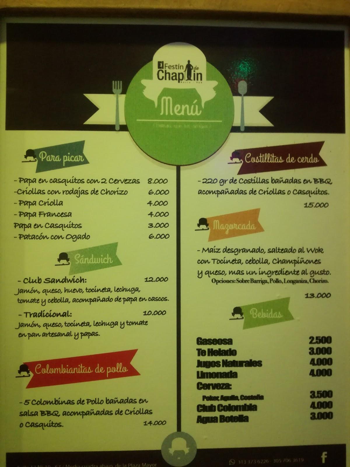 Menu at El Festin De Chaplin restaurant, Tunja