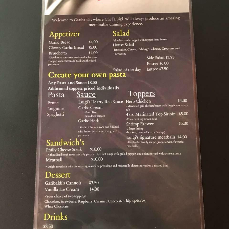 Menu at Garibaldi's restaurant, Kingman