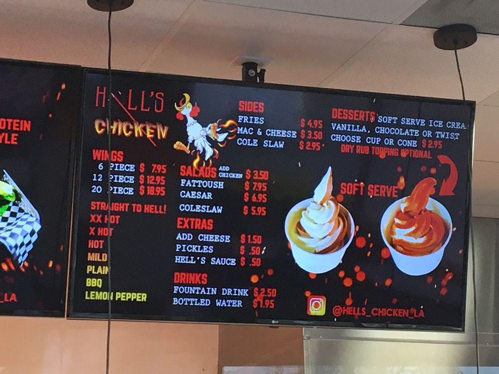 Menu at Hell's Chicken restaurant, Los Angeles