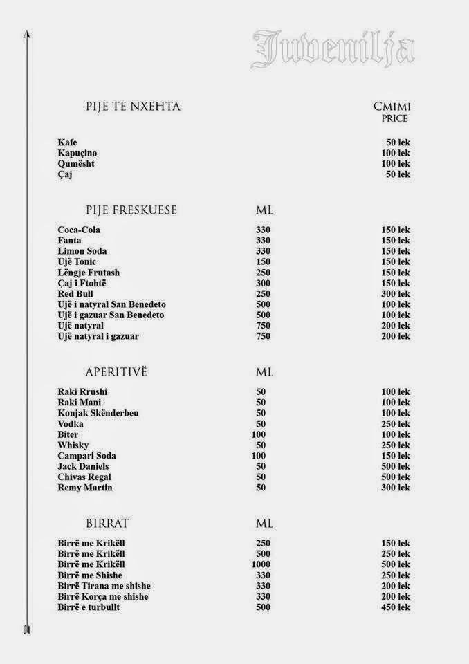 Menu at Juvenilja restaurant, Tirana, Rruga Sami Frashëri
