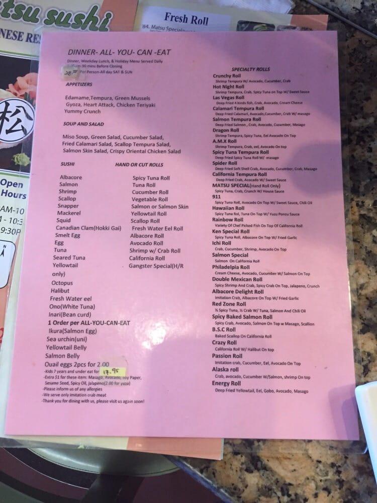 Menu at Matsu Sushi restaurant, Castaic