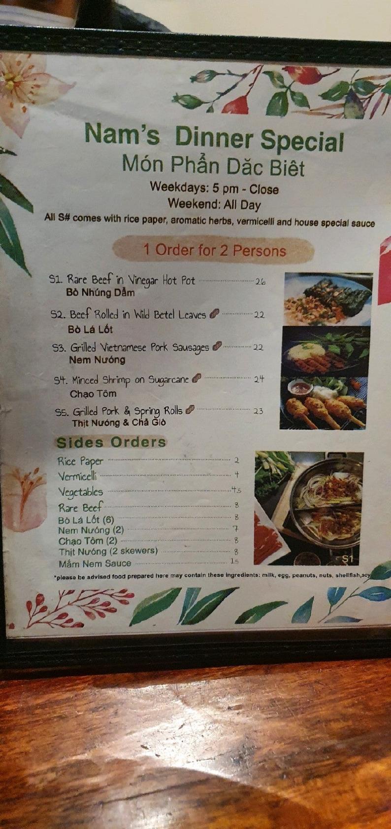 Menu at Nam Richmondhill restaurant, Richmond Hill