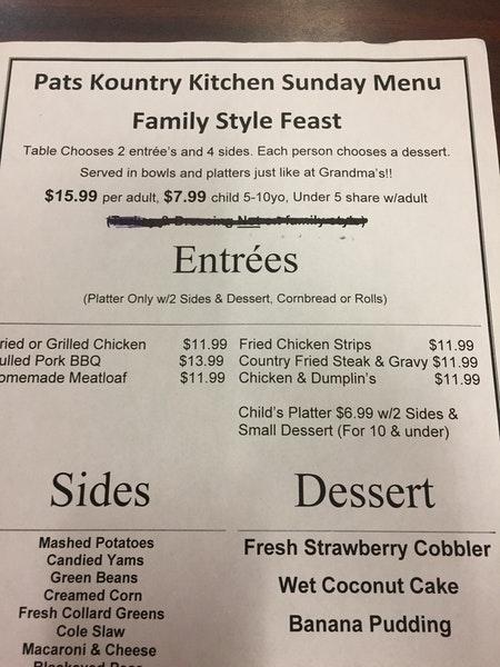 Menu at Pat's Kountry Kitchen restaurant, McCaysville