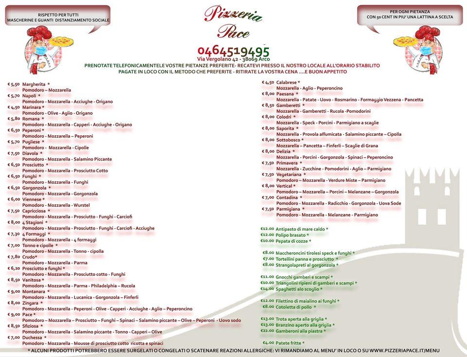 Menu at Pizzeria Ristorante alla Pace, Arco, Via Vergolano