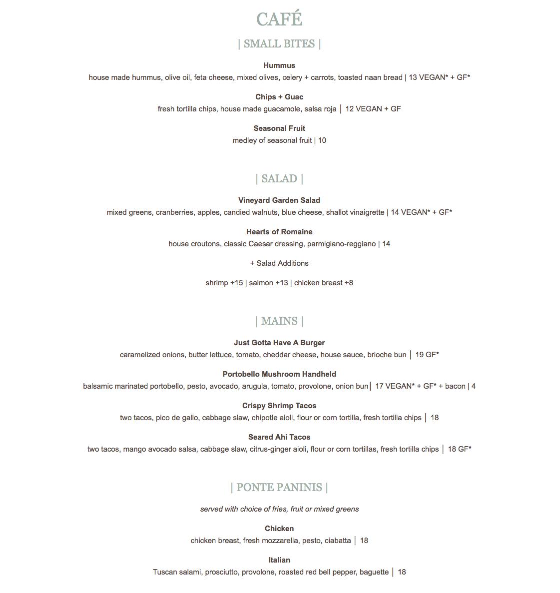 Menu at Poolside Bar & Café at Ponte Vineyard Inn, Temecula