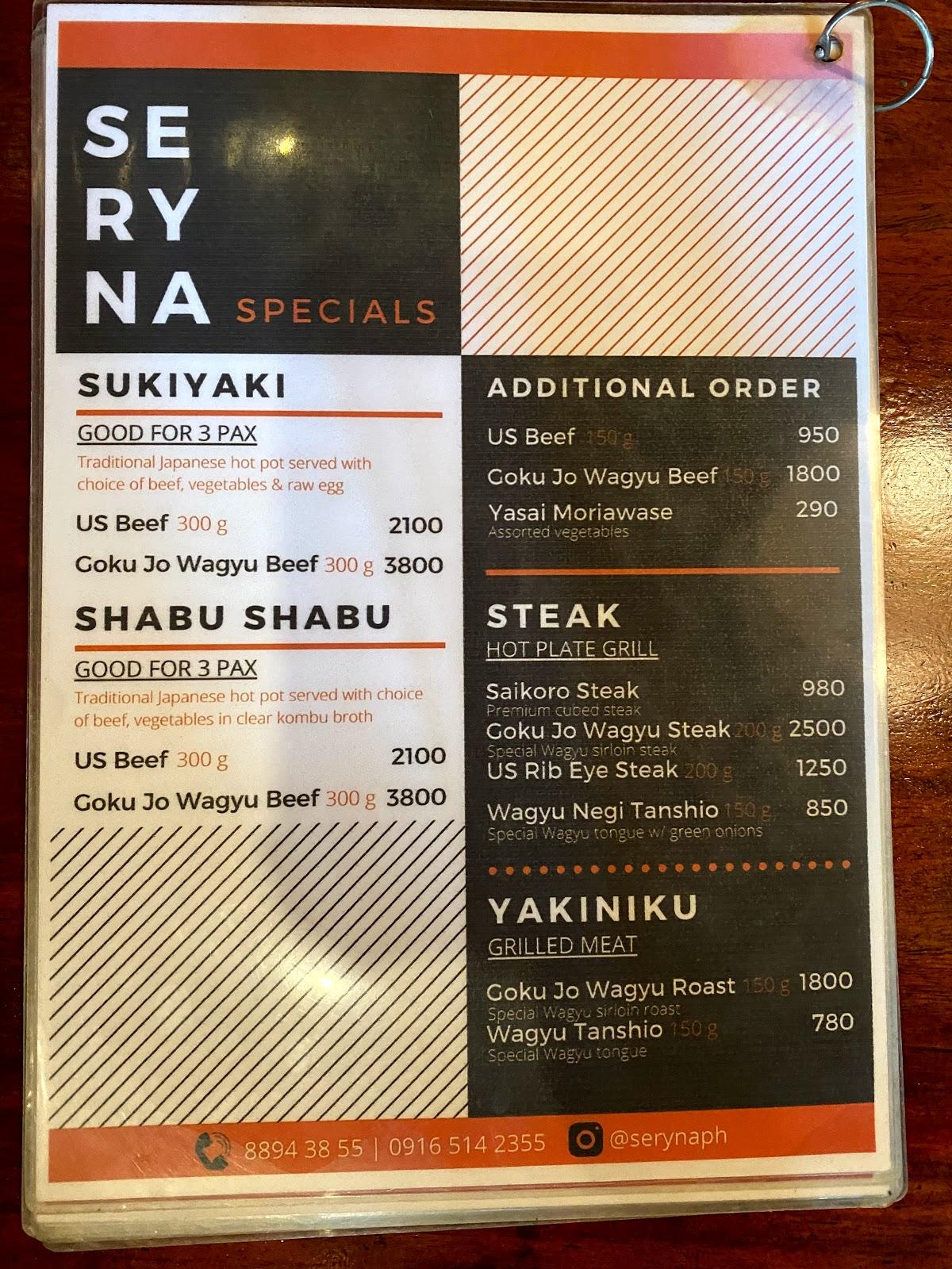 Menu at Seryna Japanese Restaurant, Makati, Chino Roces Ave